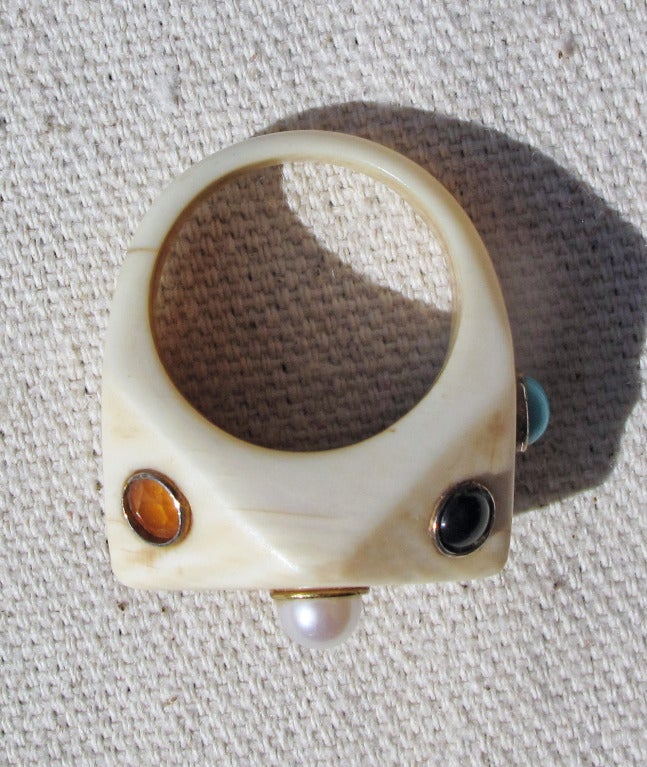 Carved Bone Ring with Seven Cabochon Stones in Gold at 1stDibs | bone ...