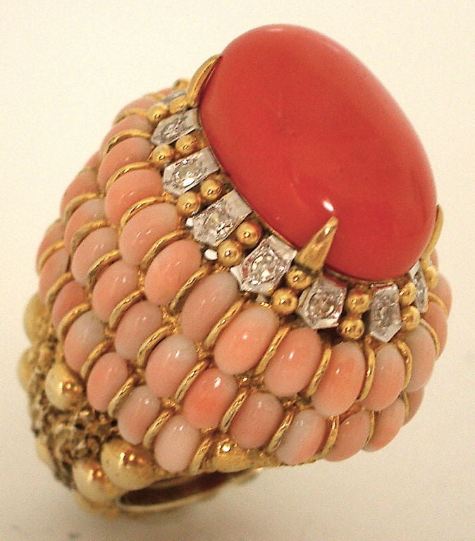 18k Gold, Coral and Diamond Ring, c1960 at 1stDibs