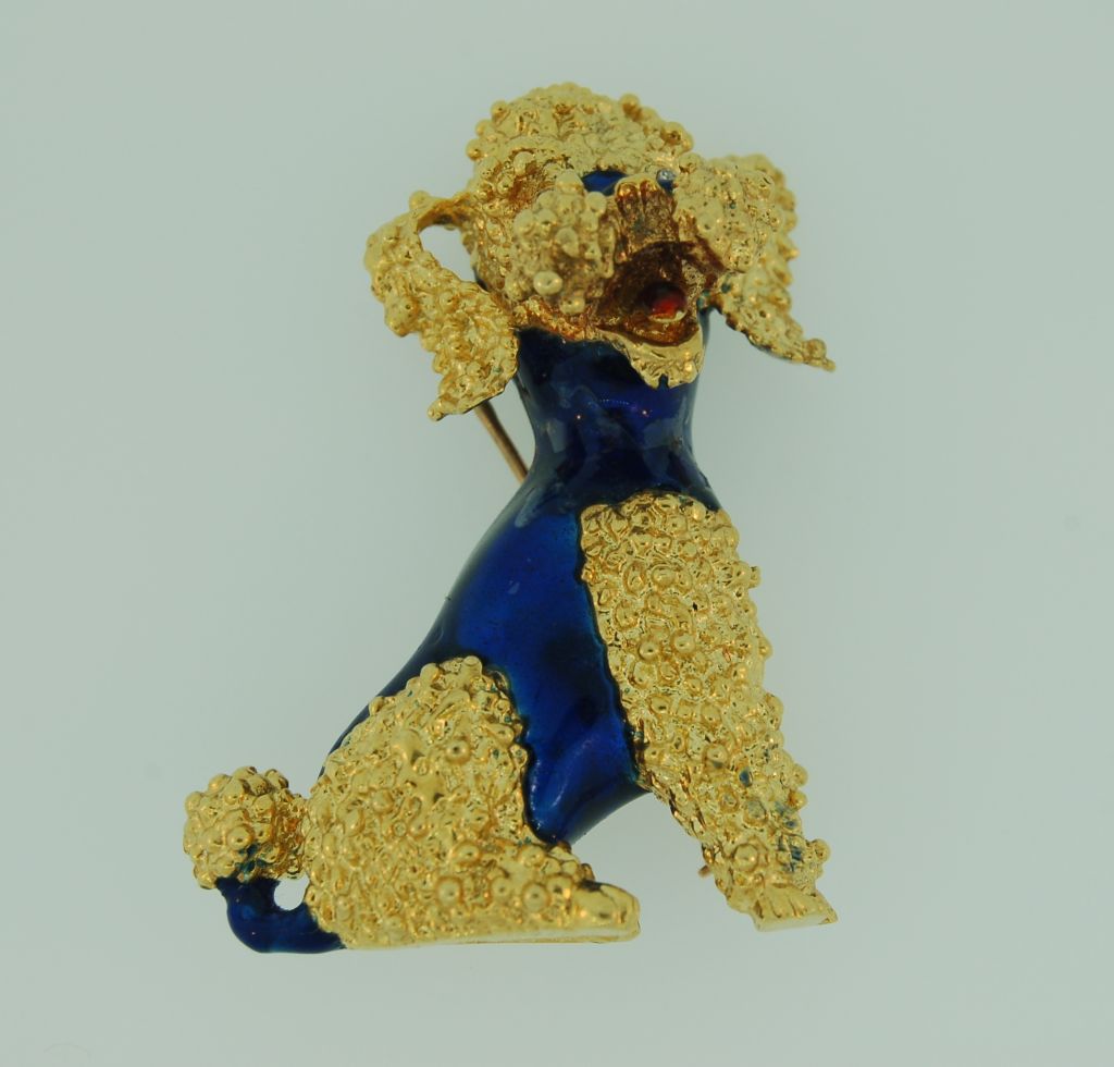 Large and Adorable Yellow Gold and Blue Enamel Poodle Pin at 1stDibs