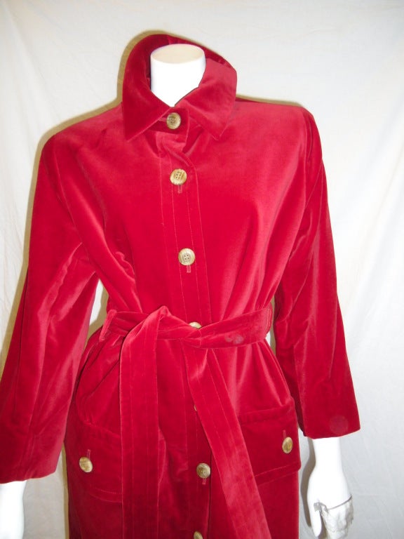 YVES SAINT LAURENT Red Velvet belted Coat For Sale at 1stDibs