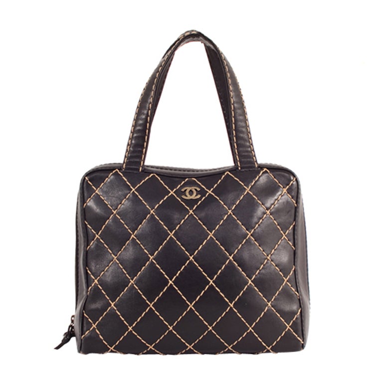 CHANEL Black Surpique Zip Around Bag Contrast Stitch Bowler at 1stDibs
