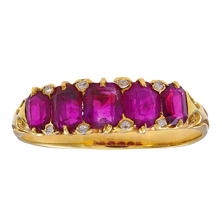 Antique Five Stone Ruby Ring with Diamonds For Sale at 1stdibs