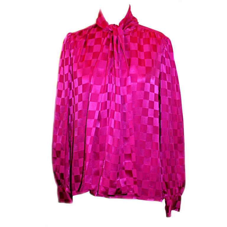 Vintage YSL Fuschia Silk checkered blouse - Size 8 Circa 80's at 1stDibs