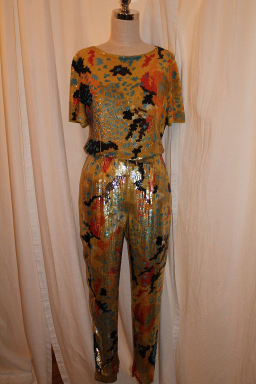 Vintage Valentino Boutique Multi Color Sequin Top and Pant at 1stDibs