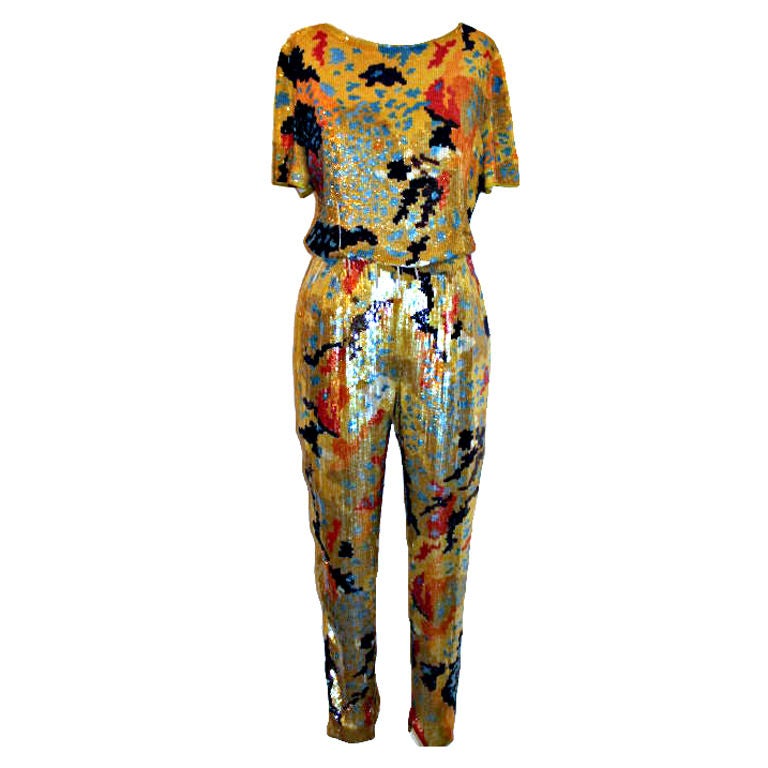 Vintage Valentino Boutique Multi Color Sequin Top and Pant at 1stDibs