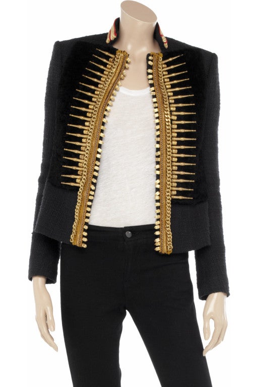 BALMAIN Embellished woven cotton and shearling fur jacket at 1stDibs
