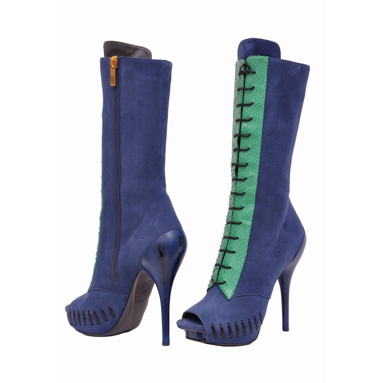 VERSACE OPEN TOE BLUE SUEDE PLATFORM BOOTS with SNAKESKIN at 1stDibs