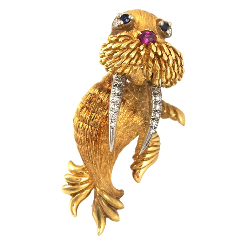 "WALRUS" Brooch Gold Diamonds Sapphire Ruby at 1stDibs