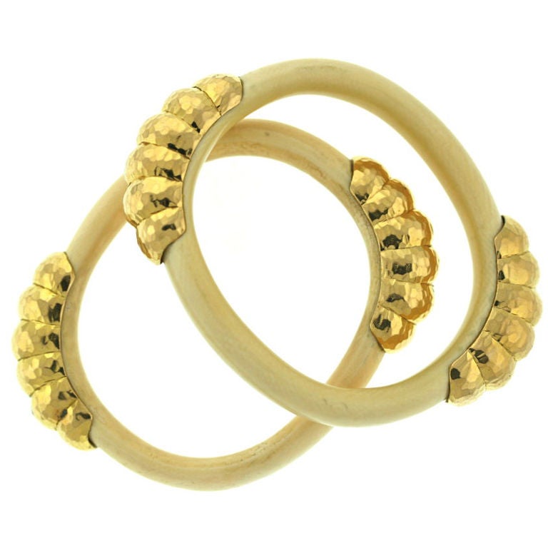 Chic Pair of Ivory and Gold Bangle Bracelets at 1stDibs