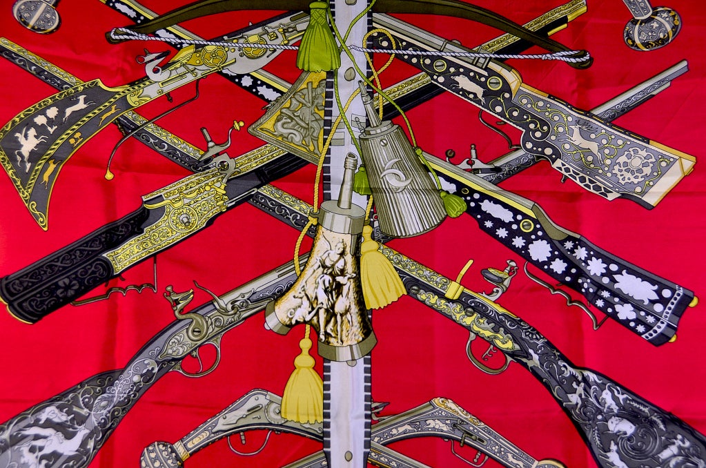 HERMES Silk Scarf Elaborate Guns Motif at 1stDibs
