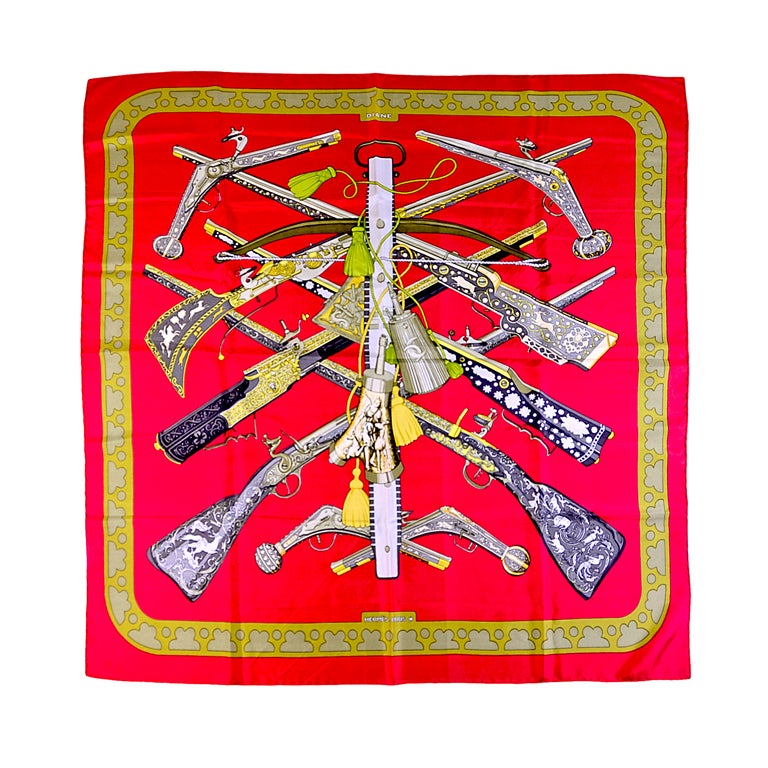 HERMES Silk Scarf Elaborate Guns Motif at 1stDibs