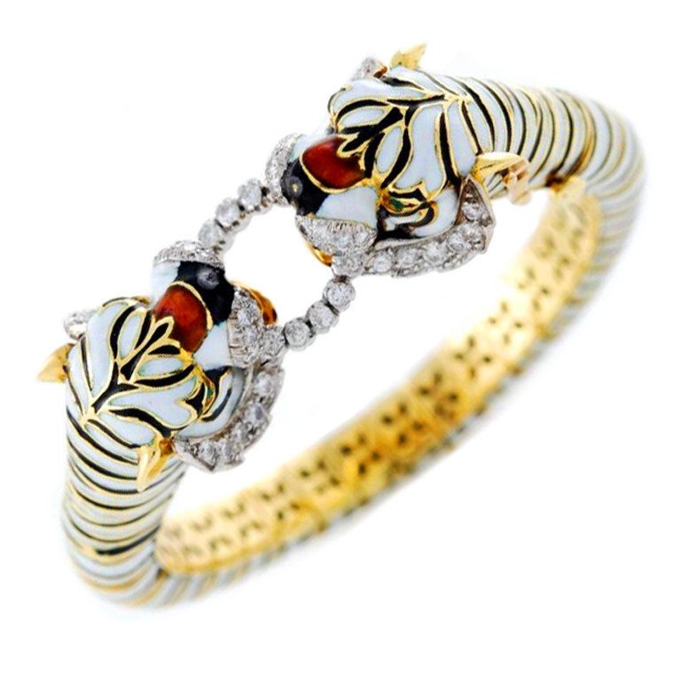 KUTCHINSKY Enamel Diamond Gold Tiger Bangle at 1stDibs