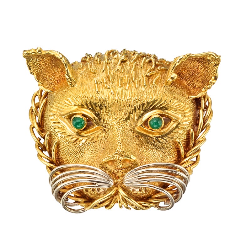 CARTIER Gold Tiger Mask Pin with Emerald Eyes at 1stDibs