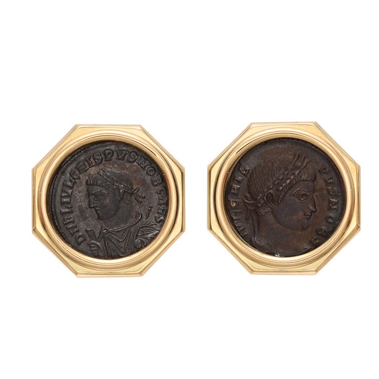 BULGARI Gold and Ancient Roman Coin Earclips at 1stDibs