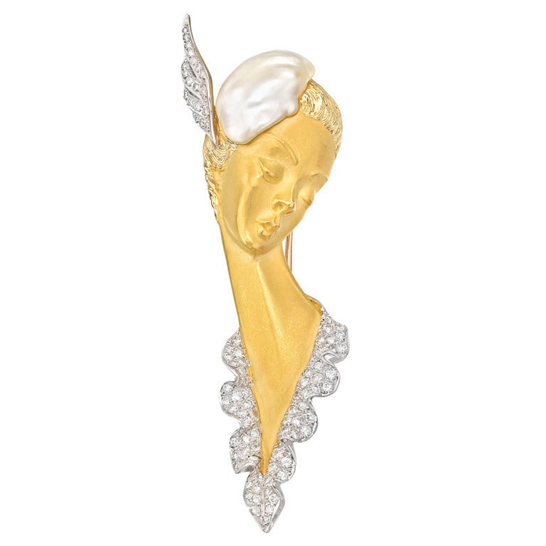 Gold, Baroque Pearl and Diamond Lady Pin at 1stDibs