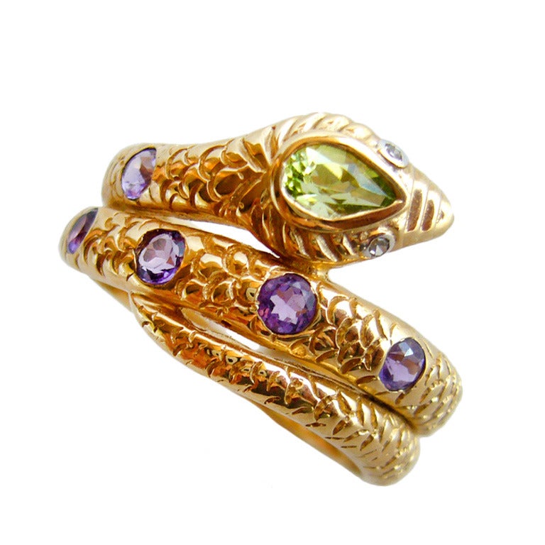 Peridot Amethyst Diamond Gold Snake Ring at 1stDibs