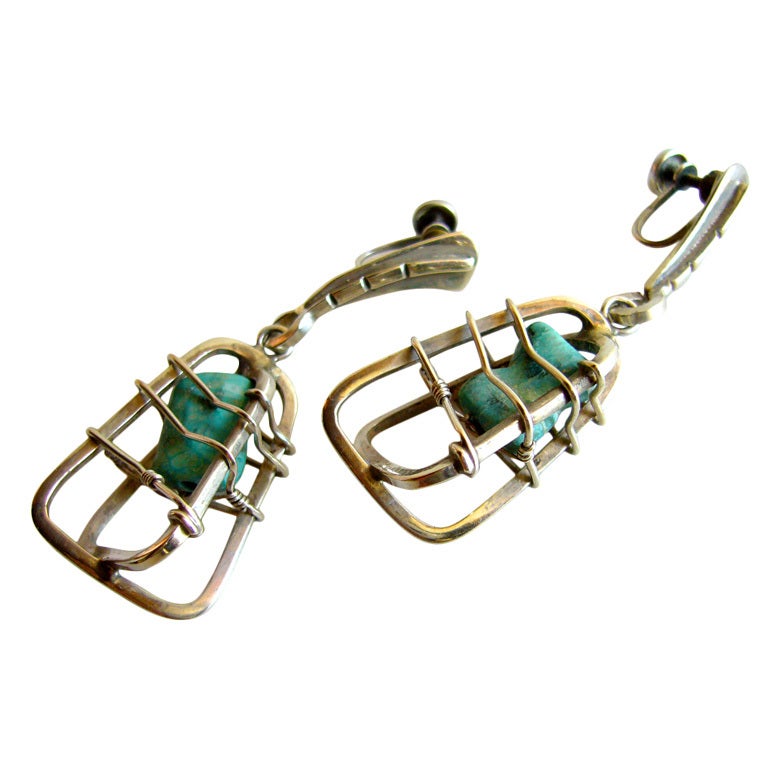 Ed Wiener Caged Turquoise Earrings at 1stDibs