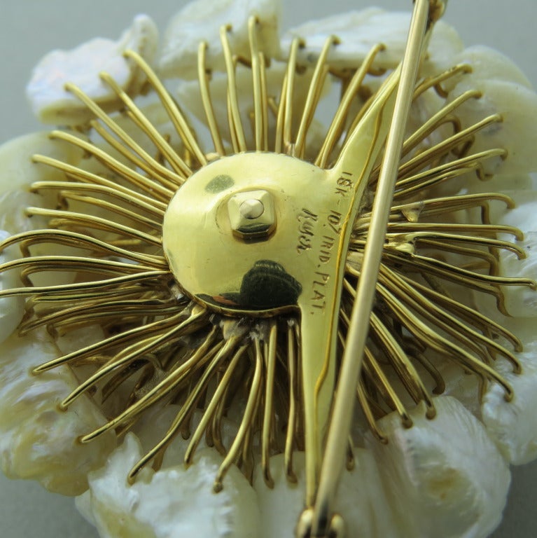 Ruser Gold Platinum Pearl diamond Brooch at 1stDibs