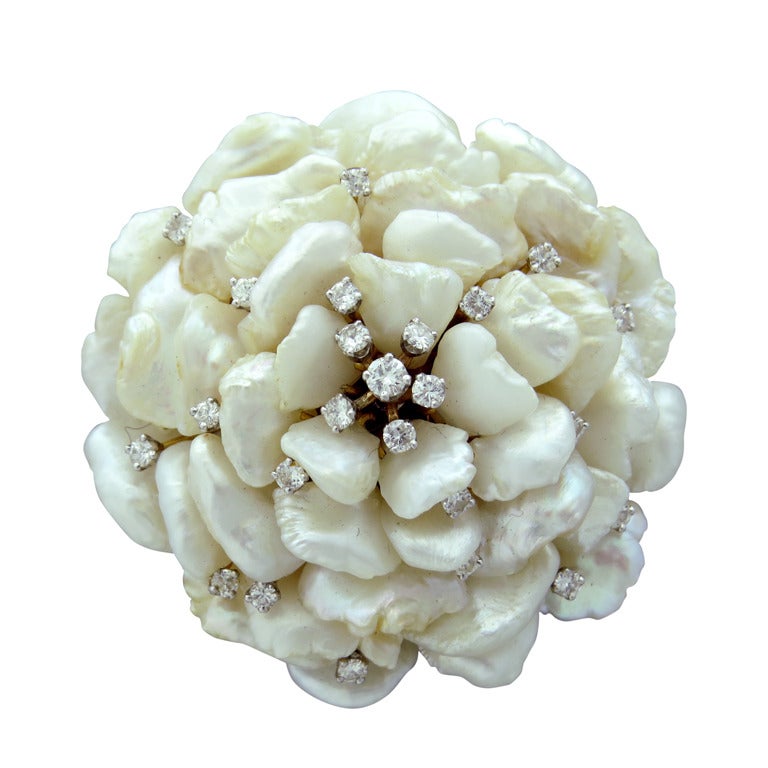 Ruser Gold Platinum Pearl diamond Brooch at 1stDibs