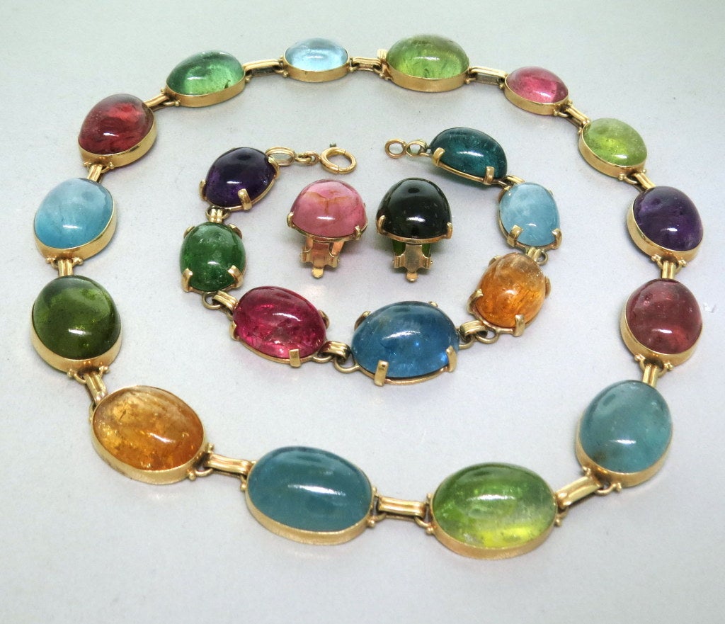 Multi Color Gemstone Gold Necklace Bracelet Earrings Suite at 1stDibs