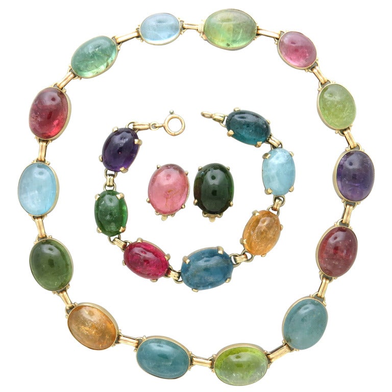 Multi Color Gemstone Gold Necklace Bracelet Earrings Suite at 1stDibs
