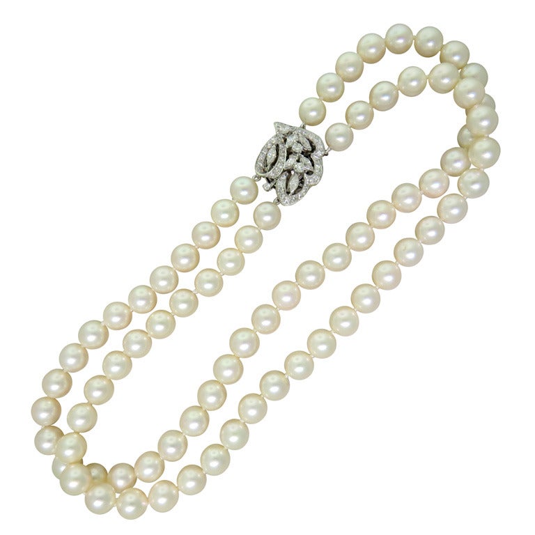 Diamond Double Strand Pearl Necklace at 1stDibs
