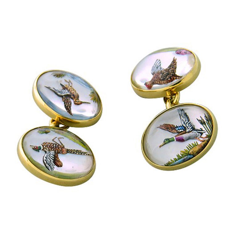 Deakin and Francis Hand Painted Rock Crystal Gold Duck Cufflinks at 1stDibs