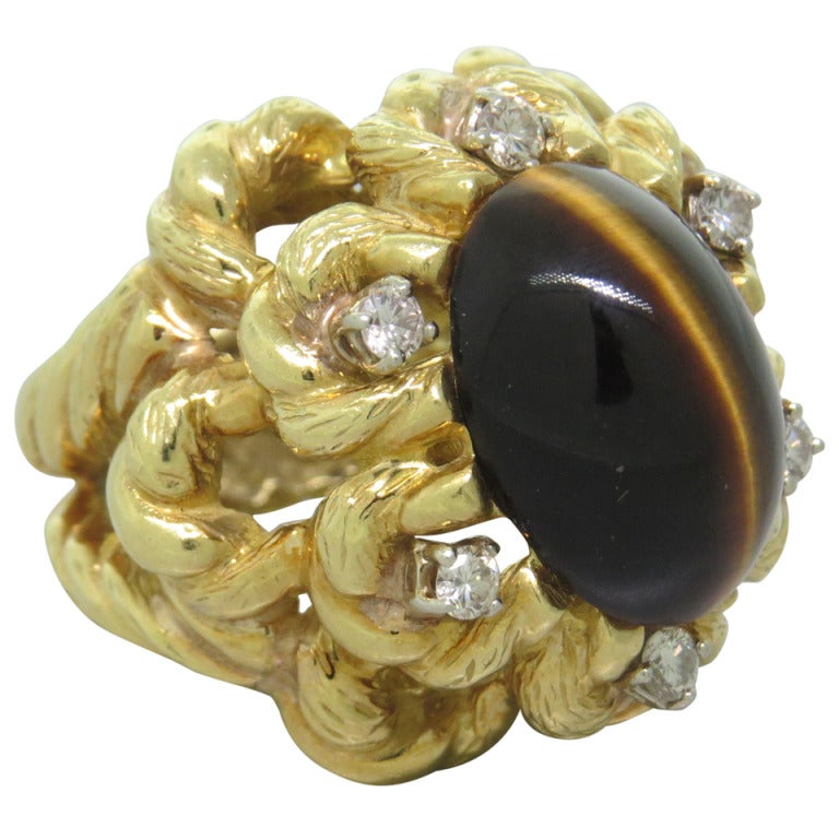 1960s Massive Diamond Gold Cat Eye Ring at 1stDibs