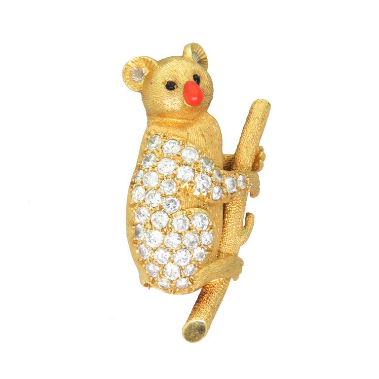 Tiffany and Co Gold Coral Diamond Koala Brooch at 1stDibs