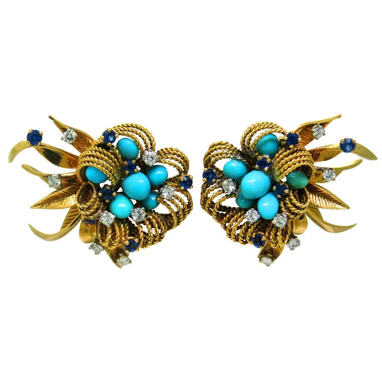 1960s French Turquoise Sapphire Diamond Gold Earrings at 1stDibs