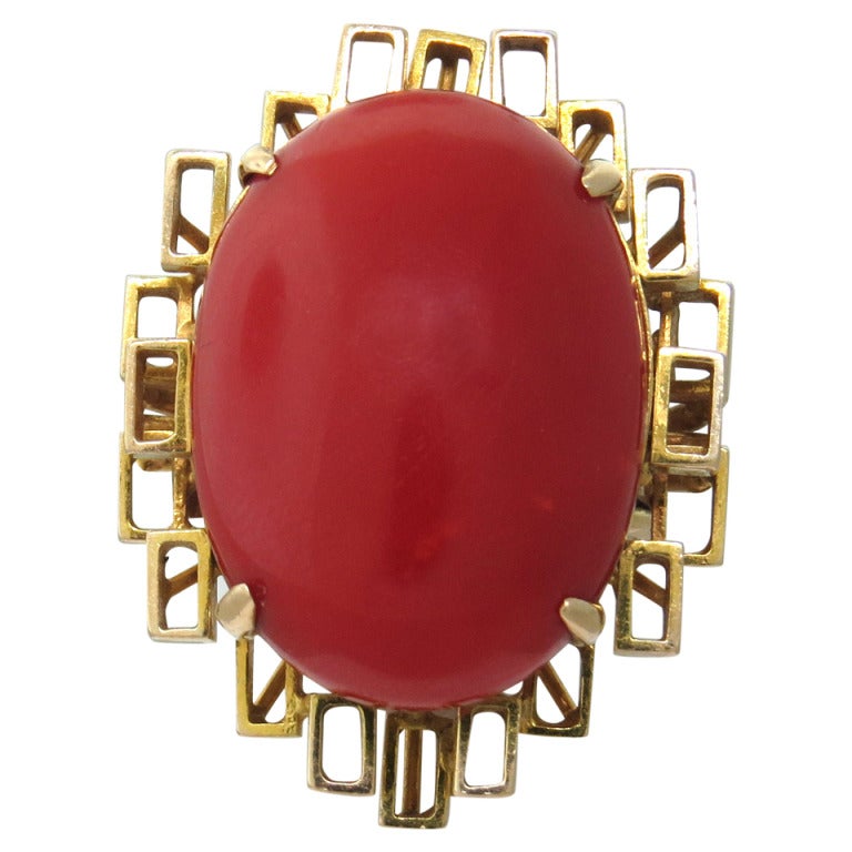 1970s Large Red Coral Gold Ring at 1stDibs