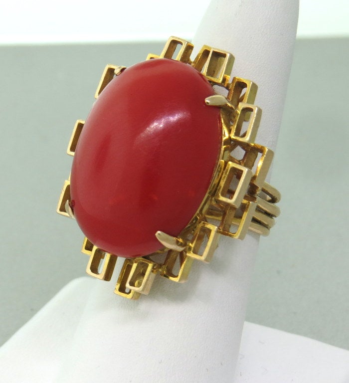 1970s Large Red Coral Gold Ring at 1stDibs