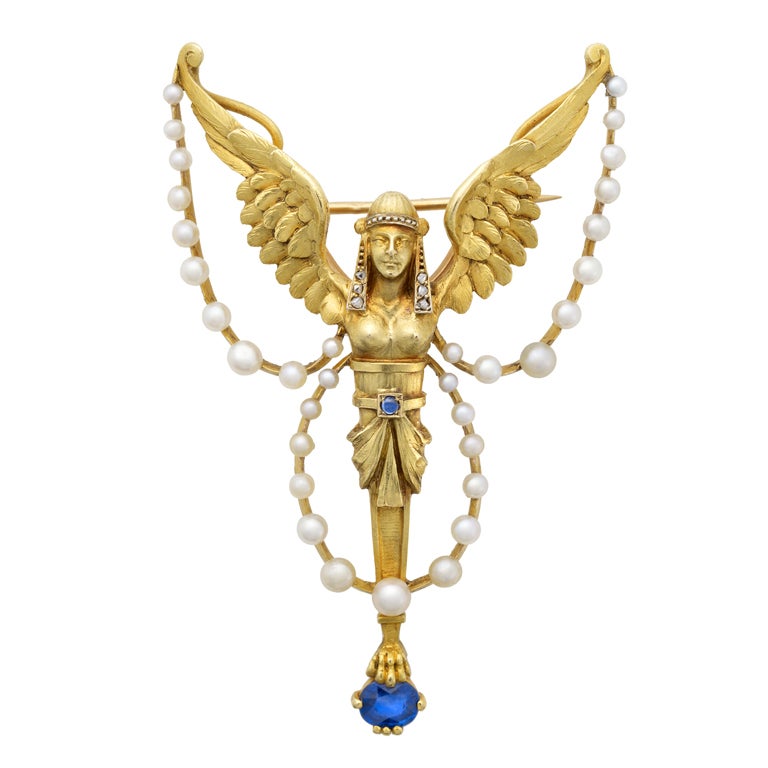 PIERRE VUILLERET Belle Époque Pearl, Sapphire and Diamond Sphinx at 1stDibs