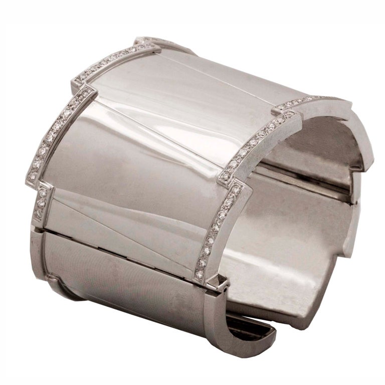 Wide European White Gold Cuff with Diamonds For Sale at 1stDibs