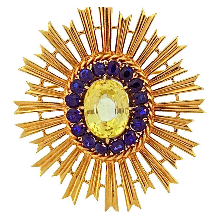 SEAMAN SCHEPPS Medallion Brooch of Golden and Blue Sapphires For Sale ...