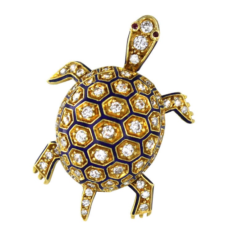 Adorable Art Deco Diamond Enamel and Yellow Gold Turtle Pin For Sale at ...