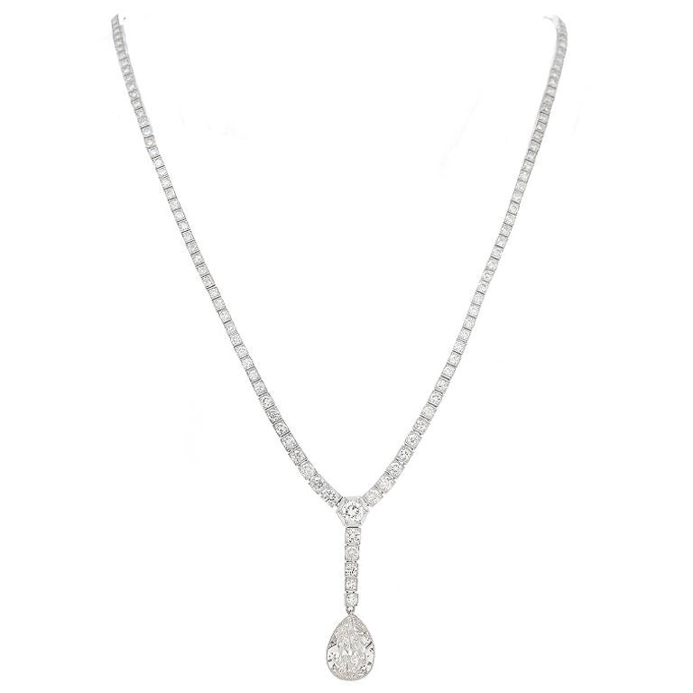 Handmade Platinum and Diamond Riviere w/ Pear Shaped Diamond Drop at ...