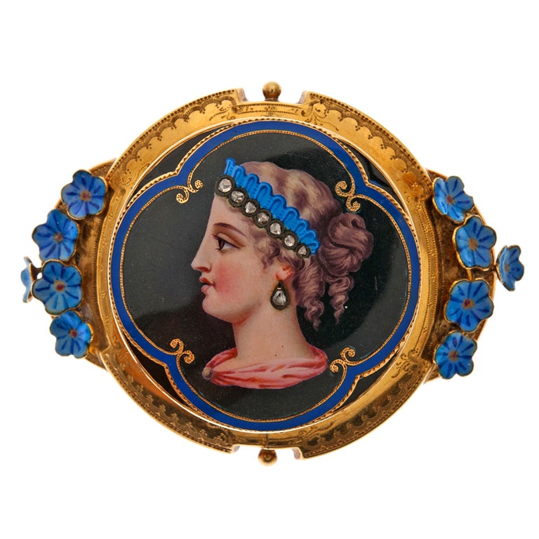 Victorian Diamond Enamel Yellow Gold Miniature Portrait Brooch at 1stDibs