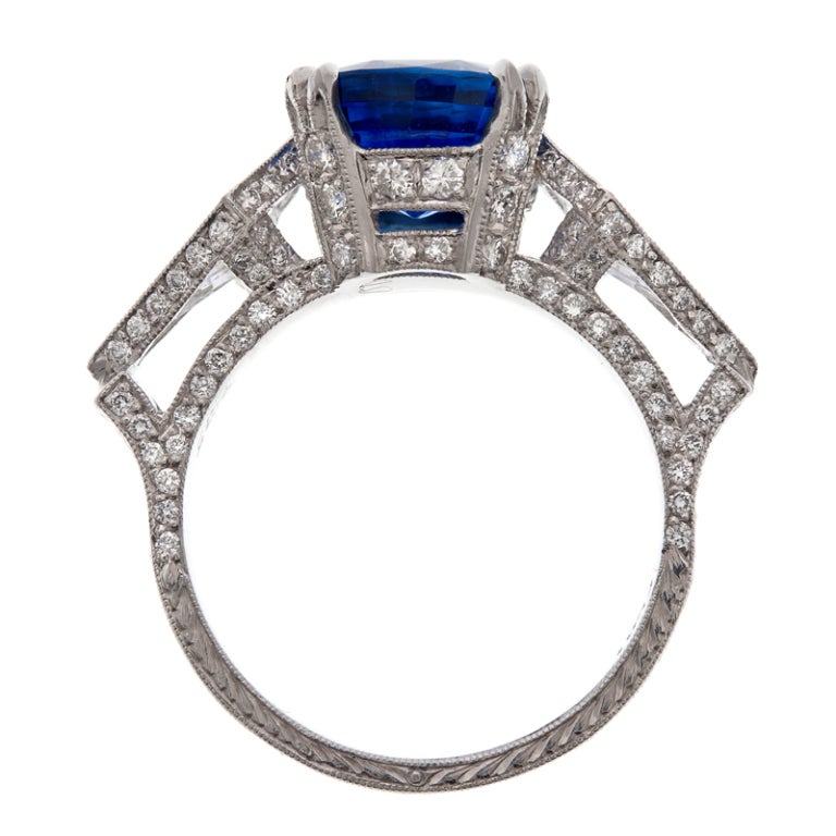 Cushion Cut Sapphire Trillion Cut Diamond Platinum Ring at 1stDibs ...