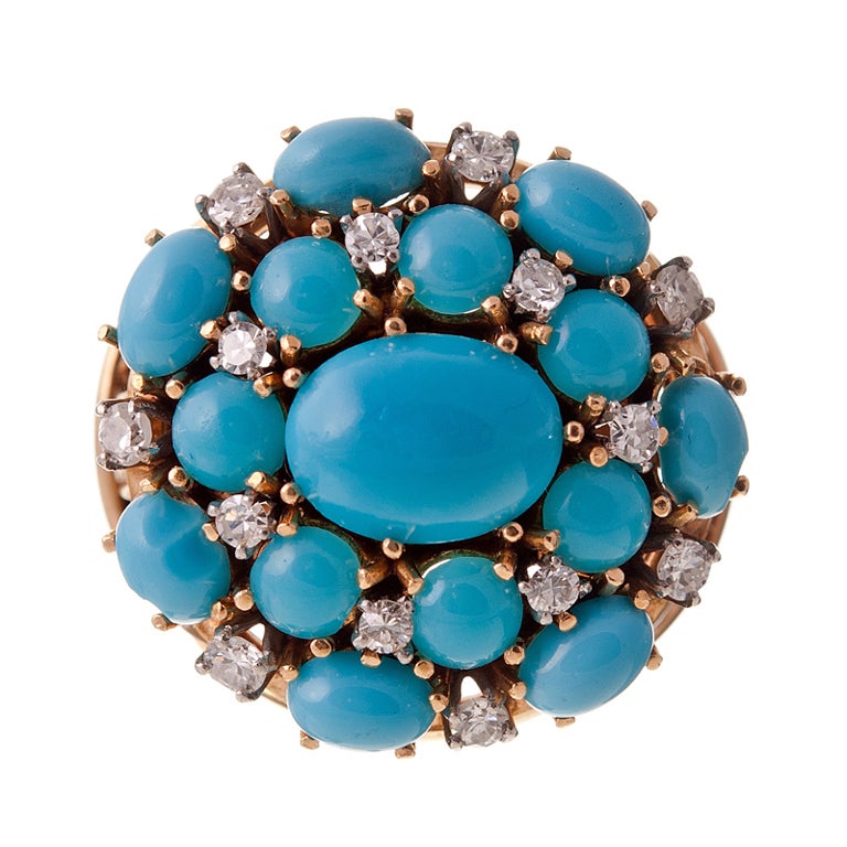 Turquoise Diamond and 18k Yellow Gold 1950s Cluster Ring at 1stDibs