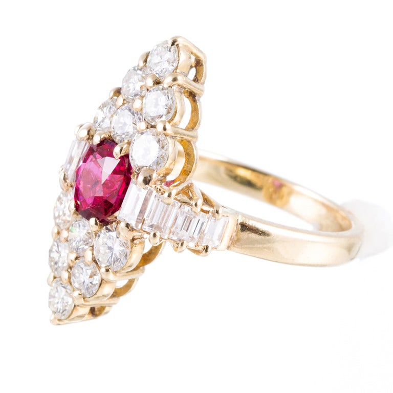 Marquise-Shaped Diamond Ruby Yellow Gold Cluster Ring For Sale at 1stDibs