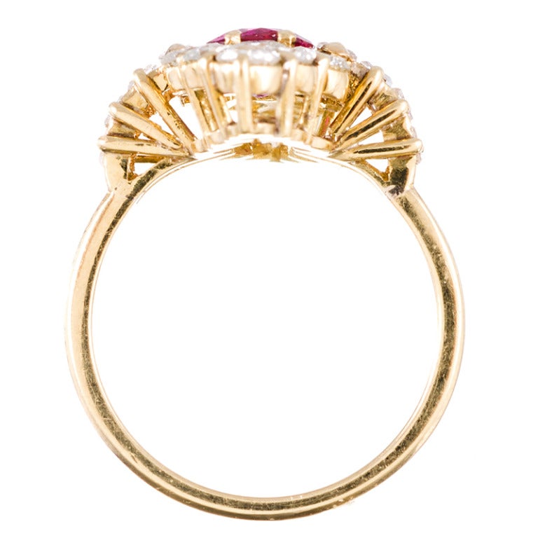 Marquise-Shaped Diamond Ruby Yellow Gold Cluster Ring For Sale at 1stDibs