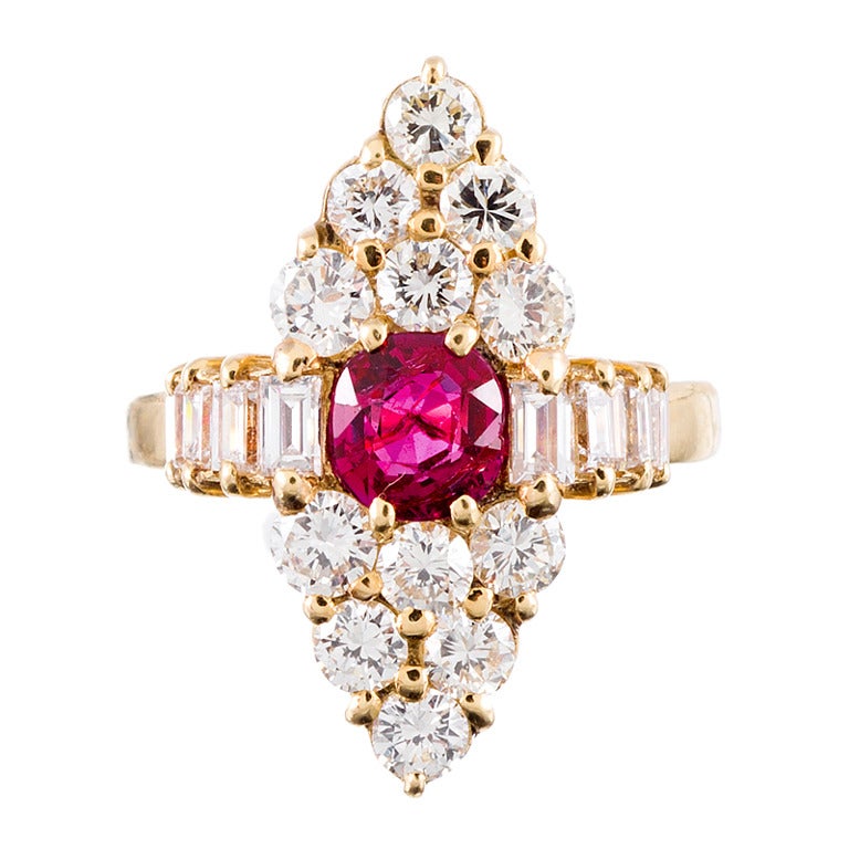 Marquise-Shaped Diamond Ruby Yellow Gold Cluster Ring For Sale at 1stDibs