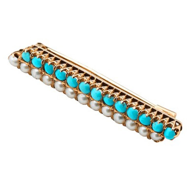 Cultured Pearl Turquoise Brooch at 1stDibs