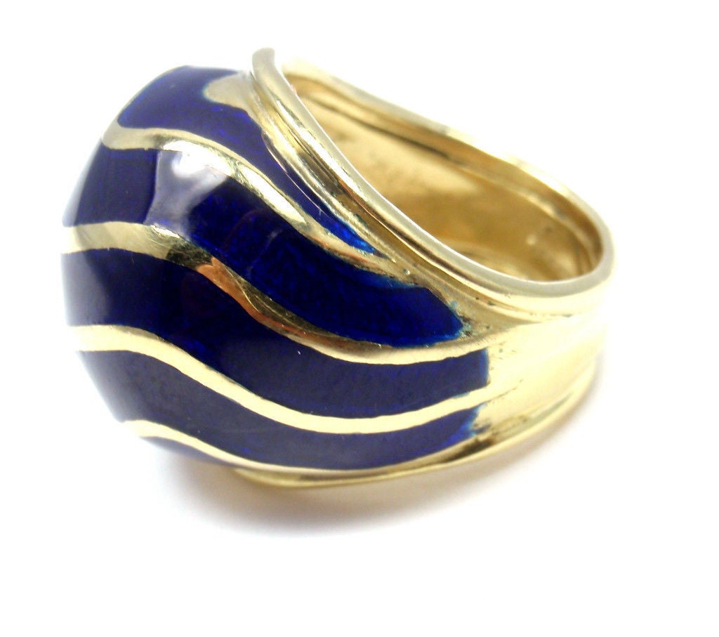 TIFFANY and CO Blue Enamel Yellow Gold Dome Ring at 1stDibs