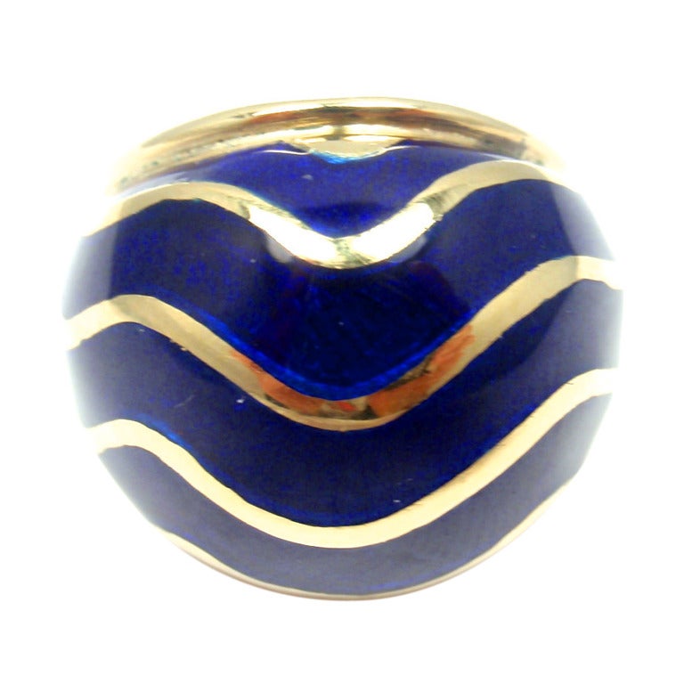 TIFFANY and CO Blue Enamel Yellow Gold Dome Ring at 1stDibs