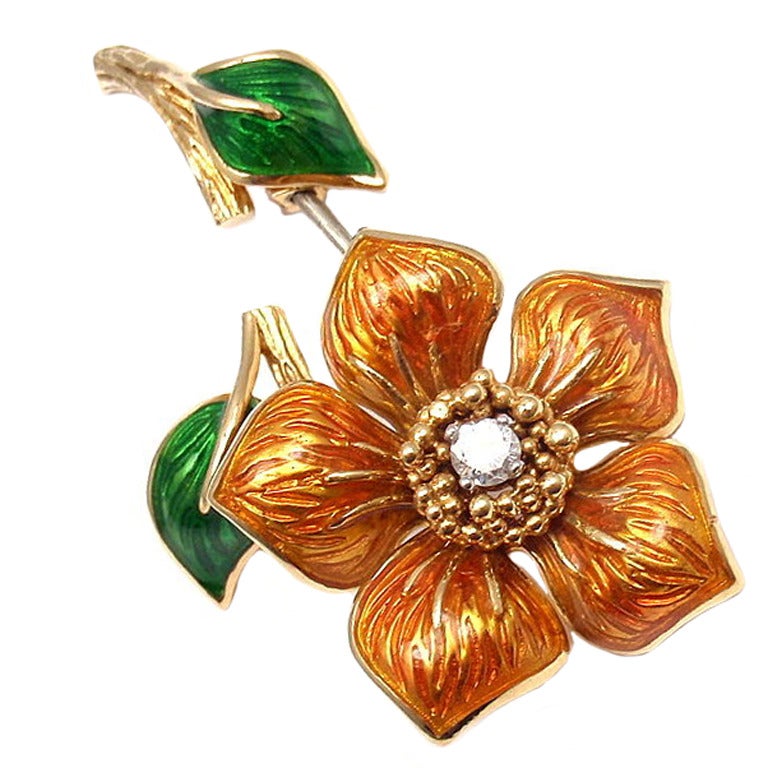 CARTIER Enamel Diamond Yellow Gold Flower Pin Brooch at 1stDibs