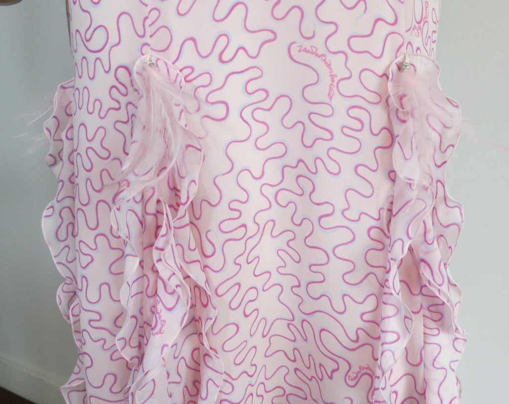 Unworn ZANDRA RHODES for Escada pink silk printed feather dress at 1stDibs