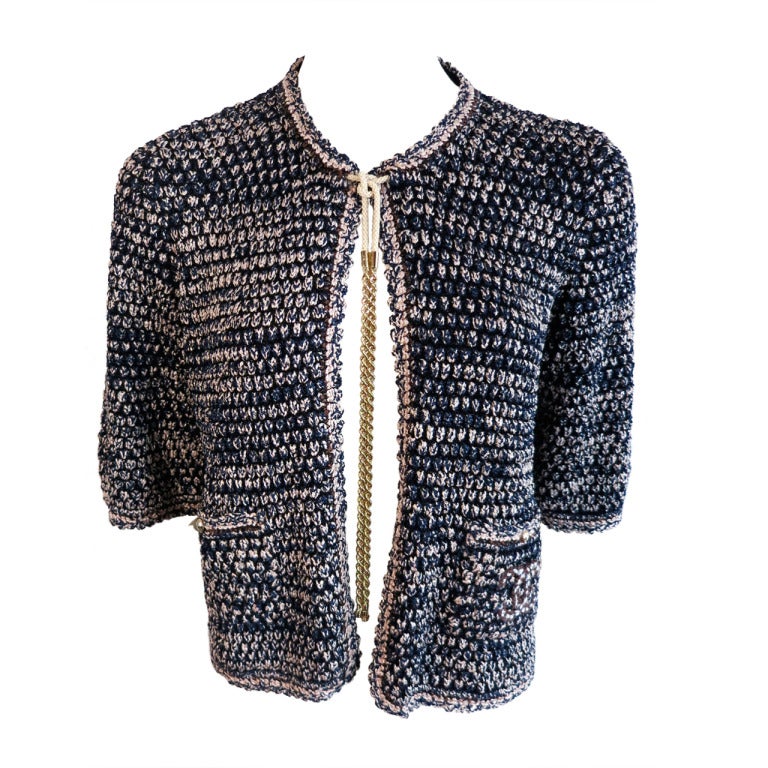 CHANEL PARIS Midnight and ivory melangé sweater knit jacket at 1stDibs