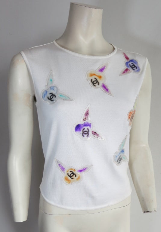 CHANEL PARIS Floral watercolor clear applique logo knit top at 1stDibs